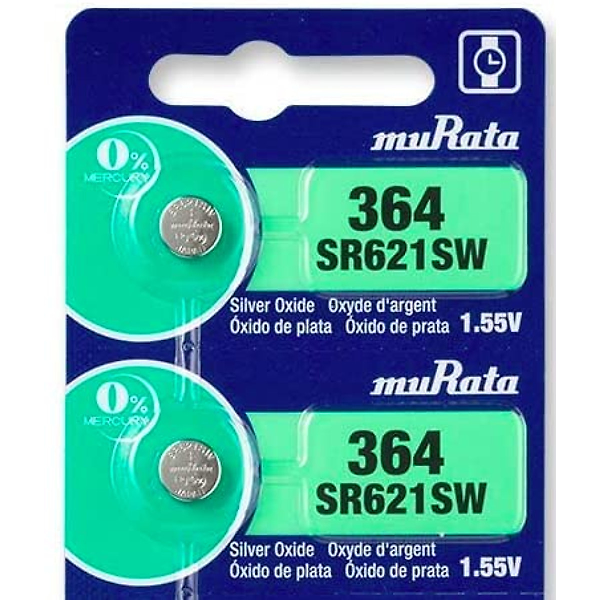 Murata 364 SR621SW Battery 1.55V Silver Oxide Watch Button Cell - Replaces Sony 364 (2 Batteries)