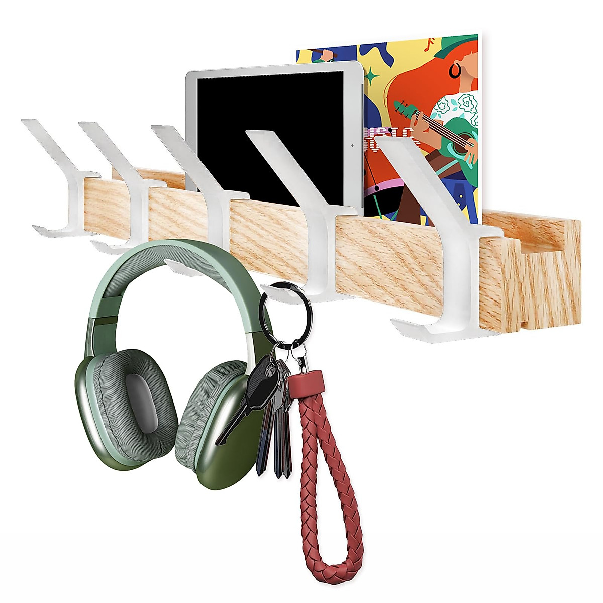 Generic Moderm Wall-Mounted Coat Hook Rail with 5 Double Hooks, 15-Inch Aluminum and Metal for Coats, Hats, Towels, and Robes (White). Natural Wood (Lacquer Coating); Hook: Aluminum (x 5)