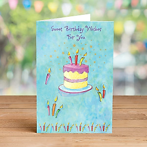 Designer Greetings Special Thoughts Happy Birthday Cards, “Sweet Birthday Wishes” Cake with Candles Design (Pack of 6 Cards with Yellow Envelopes)