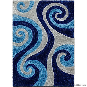 Allstar 5x7 Blue Modern and Contemporary Hand Carved Rectangular Shag Accent Rug with Grey and Cobalt Abstract Swirl Design (4' 11" x 6' 11")