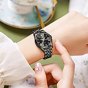 OLEVS Black Watch for Women Analog Quartz Diamond Fashion Elegant Dress Ladies Watch Stainless Steel Day Date Wrist Watches Waterproof Luminous