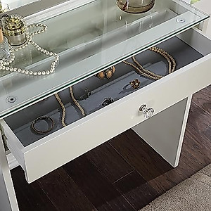 24/7 Shop at Home Peregrine Modern Wood 2-Piece Makeup Vanity Table and Adjustable Lighted Mirror Set with Bulbs, 1 Felt-Lined Drawer for Bedroom, Dressing Room, Bathroom, Guest Room, Luminous White