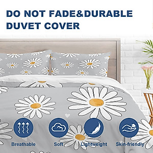 Batmerry Spring Floarl Full Size 3 Pieces Bedding Comforter Cover Sets,Soft Fluffy Cute White Flowers On Grey Pattern Printed Duvet Cover for All Season