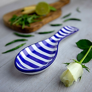 Handmade Dark Navy Blue Stripe Ceramic Kitchen Cooking Spoon Rest | Pottery Utensil Holder | Housewarming Gift by City to Cottage®