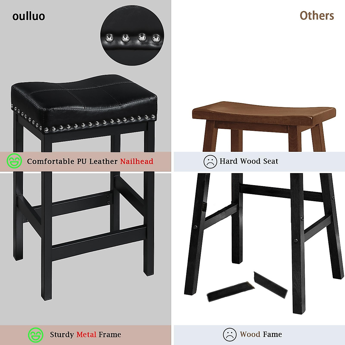 OUllUO Black Bar Stools Set of 2, Counter Height Bar Stools, Saddle Barstools, Pu Leather Stools with Metal Frame for Kitchen Island, 918P-BK