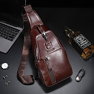 BULLCAPTAIN Genuine Leather Sling Bag Mens Crossbody Backpack for Hiking Casual Daypack Shoulder Chest Bag with USB Charging Port (Coffee)