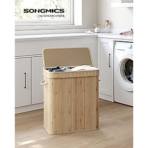 SONGMICS Laundry Hamper with Lid, Bamboo Laundry Basket, Removable Machine Washable Laundry Basket, with Handles, 26.4-Gallons, for Laundry Room, Bedroom, Bathroom, Natural Beige ULCB063N01
