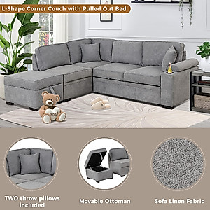 Merax Sleeper Sofa Bed L Shaped Sectional Couch with Storage Ottoman and Chaise for Living Room, Small Apartment Love Seats, Gray_Linen
