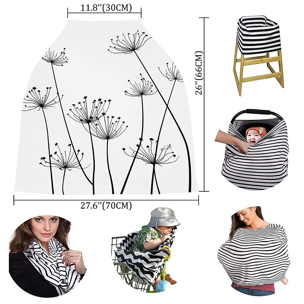 Baby Nursing Cover Carseat Canopy Modern Black Line Dandelion Flower Breathable Privacy Breastfeeding Scarf Farm Blossoms Wild Floral Multi Use Car Seat Covers for Boys or Girls