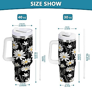 Jihqo Black Daisy 40 oz Stainless Steel Vacuum Insulated Tumbler with Handle and Straw Lid, Leakproof Water Bottle Double Wall Travel Mug Coffee Cup, Cupholder Friendly