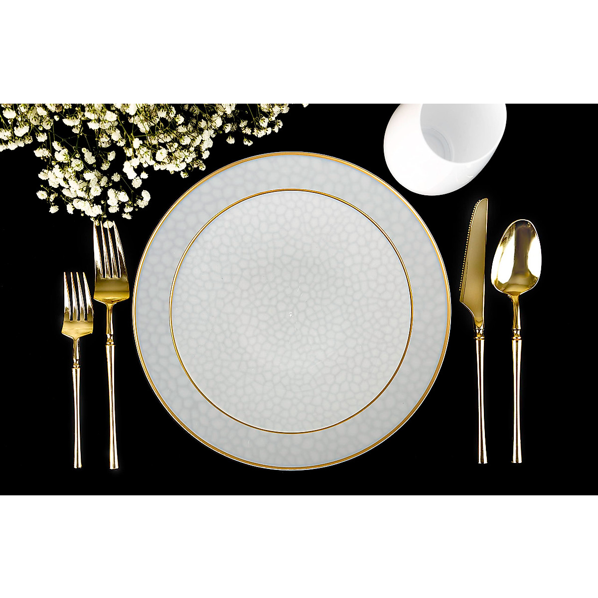 PLASTICPRO 30 Pack Hammered Plastic Plates Heavyweight Disposable Plastic Plates Elegant Transparent White With Gold Rim Platsic Party Dishes (Transparent White With Gold Rim, 9'' INCH PLATES)