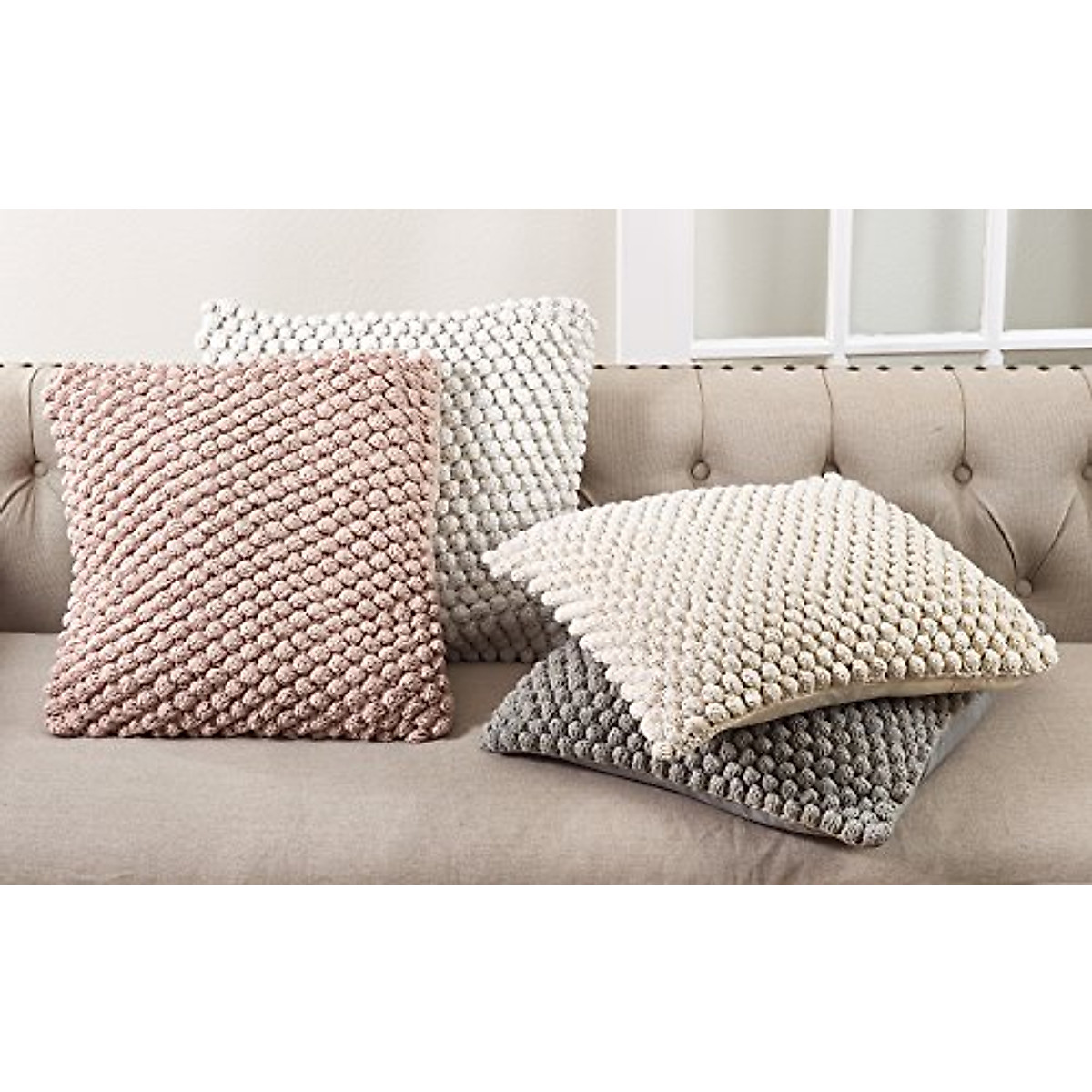 SARO LIFESTYLE Camargue Collection 3519.I20S Crochet Pom Throw Pillow with Down Filling, 20", Ivory