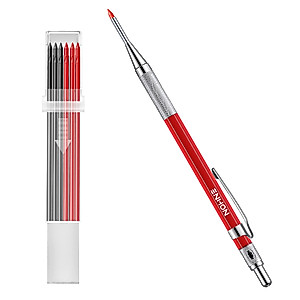 Enhon 2mm Mechanical Carpenter Pencil Set with 12 Marker Refills and Sharpener, Woodworking Marking Tool Solid Deep Hole Construction Pencil, Extended Needle-Nose Tip for Use in Jobs (Black, Red)
