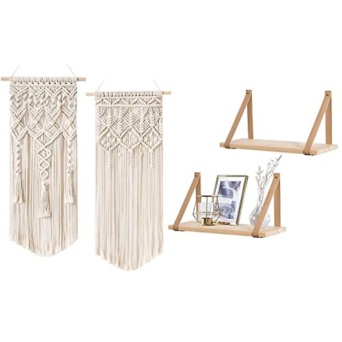 Mkono 4 Pack - 2pcs Hanging Wall Shelf Floating Wood Storage Shelves Leather Strap Swing Organizer, and 2pcs Macrame Woven Wall Hanging Boho Home Chic Bohemian Geometric Art Decor