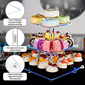 LED Acrylic Cupcake Stand Rechargeable 3 Tier Stand Square Clear Cupcake Tower Display Stands for Halloween, Christmas,Wedding, Party, Baby Shower, and Get-Together (2.38)