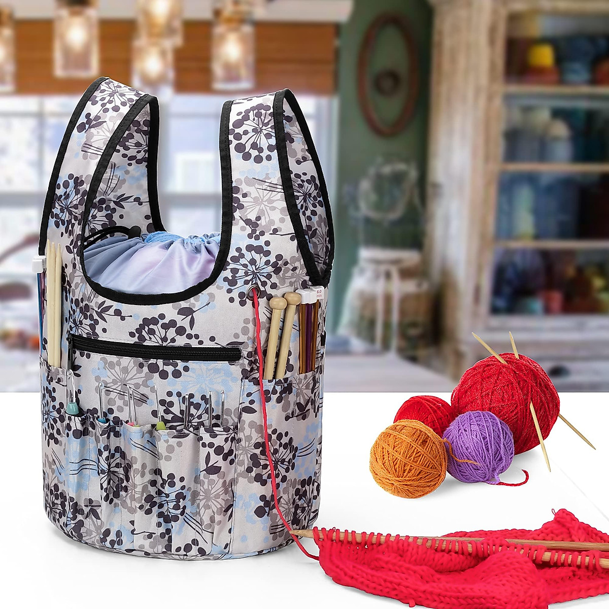 CURMIO Knitting Tote Bag, Yarn Project Wristlet Bag with Drawstring for Knitting Needles, Crochet Hooks and Supplies, Dandelion (Bag Only)