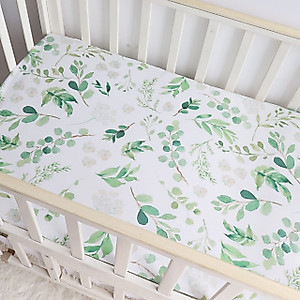 Crib Sheets HNHUAMING Neutral Baby Crib Fitted Sheets, Ultra Soft & Breathable 52 X 28 inch Crib Sheet Snug Fits for Standard Crib Mattress, Green Leaves