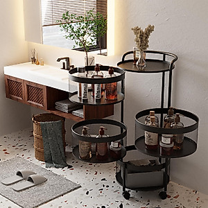 Rotating Kitchen Storage Rack No Assembly, 4-Tier Round Metal Storage Basket Shelves,Rotating Tower Organizer with Rolling Wheels with 4 Drawers for Fruit Vegetable Grocery(4-Tier, Black)