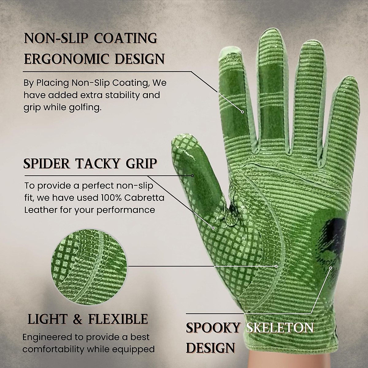 XEIRPRO Copper Tech Men's Golf Gloves - Skeleton Pattern with Ball Marker – Perfect for Summer - Copper Infused Mens Golf Gloves (Green/Black, XL, Left)