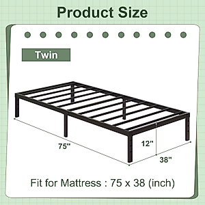 Cieemine 12 Inch Twin Bed Frames, Heavy Duty Metal Bed Frame Twin Size, No Box Spring Needed, Easy Assembly, Noise-Free, Black