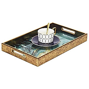 Decorative Coffee Table Tray, 15.7" x 9.8" Rectangle Breakfast Serving Tray with Handles, Unique Printed Glass Trays for Coffee Table, Ottoman(White and Green)