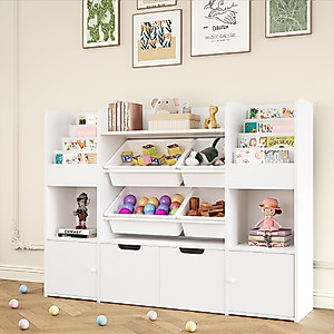 finetones 50'' Large Toy Storage Organizer with 4 Toy Bins, Toy Organizers and Storage with 6 Storage Cubbies and 2 Movable Drawers, Bookshelf for Kids, Playroom Organization and Storage Bins, White