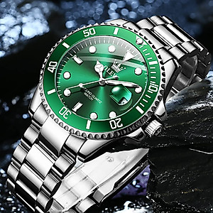 OLEVS Luxury Stainless Steel Watch With Date, Green And Silver,Dress Watches Waterproof ,Business Big Quartz Watch,Mens Fashion Watch relojes de hombre