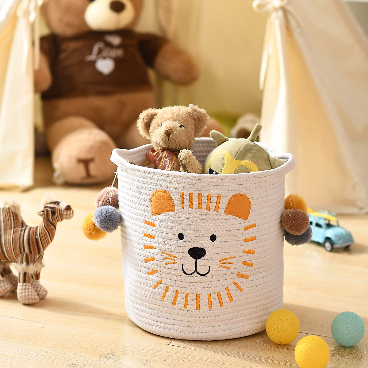 INough Toy Storage Baskets Cute Laundry Basket with Handles Dog Toy Storage Basket Durable Large Cotton Rope Storage Bins Home Organizer Solution for Office, Bedroom, Closet, Toys & Laundry (Lion)