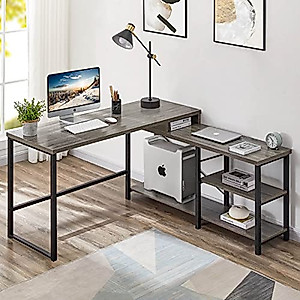 BON AUGURE Industrial L Shaped Computer Desk with Shelves, Rustic Wood Home Office Desks, Reversible Corner Desk with Storage (59 Inch, Dark Grey Oak)