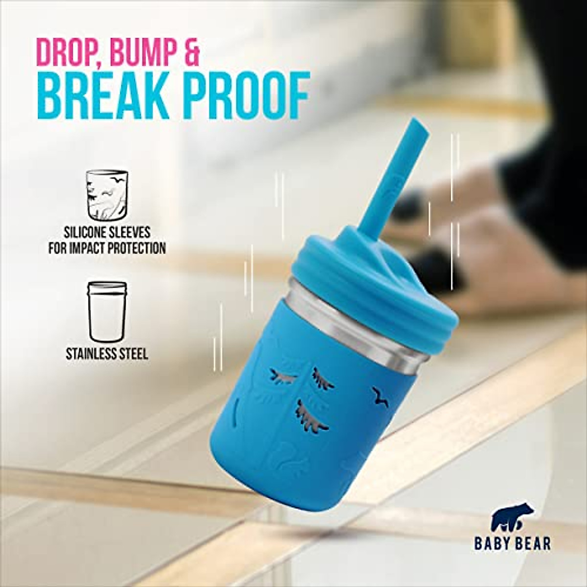 Baby Bear Products Kids Cups - Set of 4, 250ml Stainless Steel Mason Jar with Silicone Sleeves and Straws with Stoppers | Smoothie Cups | Spill Proof Toddler Sippy Cups