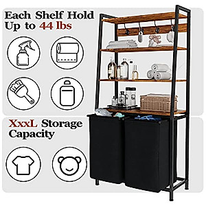 Furnulem 4 Tiers Laundry Hamper with Shelf and Hooks, Tall Laundry Basket Sorter with 2 Removable Laundry Bags, Ladder Shelves with Clothes Hamper for Laundry Room Bathroom Bedroom