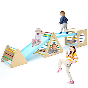 GOME Foldable Climbing Triangle Ladder with Ramp, 2-in-1 Wooden Triangular Climber for Climbing and Sliding, for Children Boys Girls Indoor and Outdoor Use, Toddlers Climbing Toys, Muticolored…