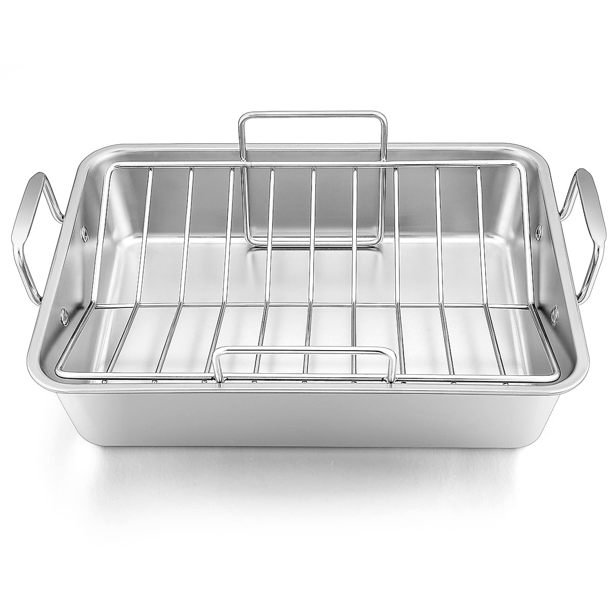 Leonyo Roasting Pan with V-shaped Rack, Stainless Steel Rectangular 16” Turkey Roaster Pan with Handles for Chicken Lasagna Vegetables Brownie, Non-stick Roasting Rack, Heavy Duty Dishwasher Safe