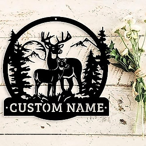 Lymnaraa Deer And Mountain Forest Metal Wall Art Custom Name Sign Outdoor Decor Deer Hunting Metal Wall Hanging Decor Personalized Gift for Family Friend Anniversary Wedding Gift
