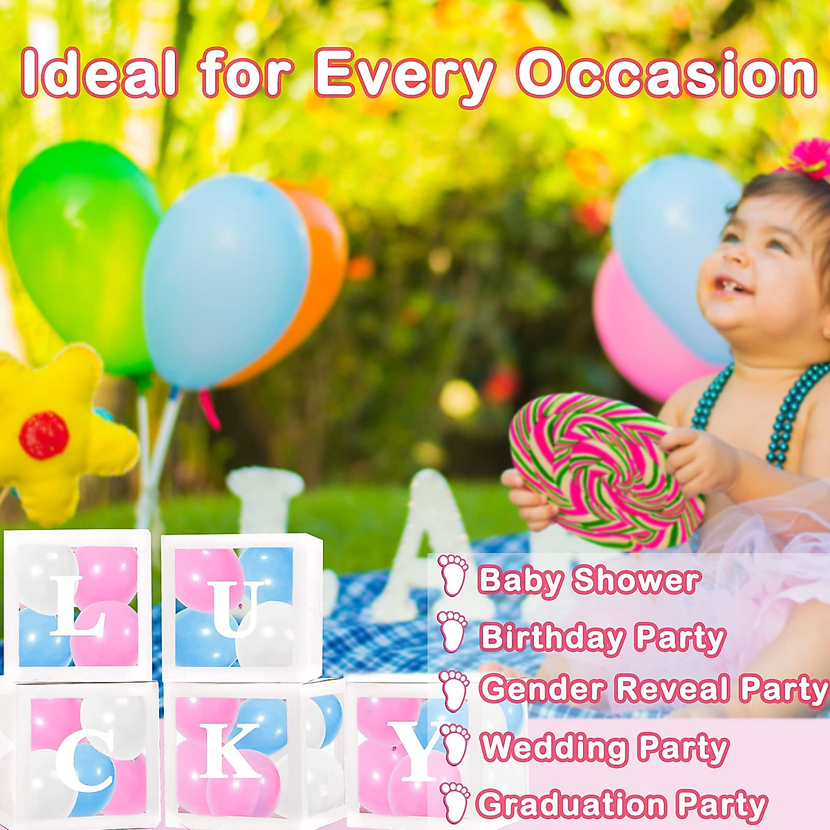 Baby Boxes with Letters, 5 Transparent Baby Shower Balloon Boxes with 78 Letters & Numbers for Gender Reveal Decorations Birthday Wedding Party Grad Backdrop Bridal Shower, White