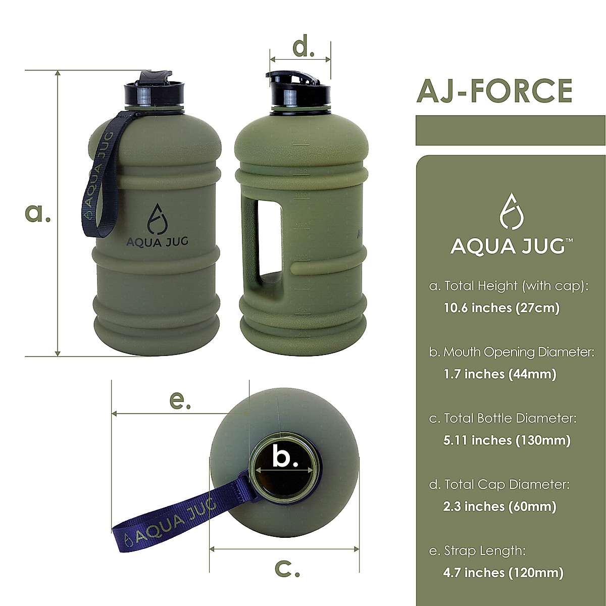 Aqua Jug Big Water Bottle, Dishwasher Safe BPA Free Drinking Water, Force Green 2.2L, Great for Gym Fitness Workout Sports Hiking and More