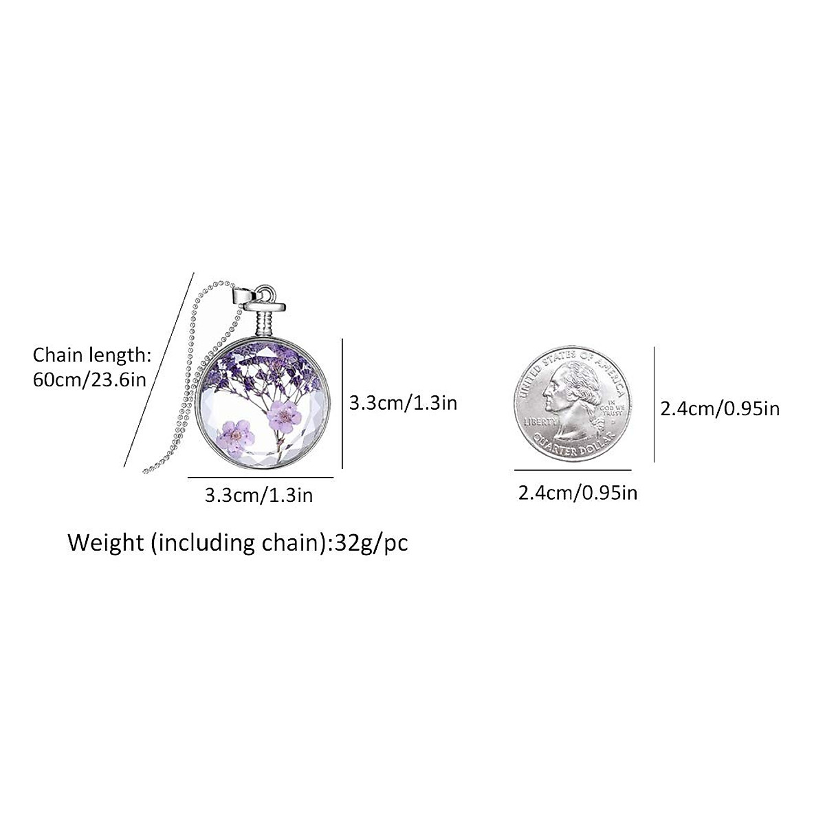 Lifenanny Dry Pressed Flower Necklace Handmade Purple Lavender Glass Necklace Round Pendant Necklace for Women Girls (Purple)