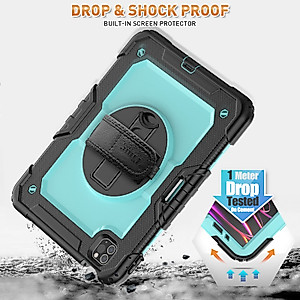 Timecity Case for iPad Pro 11 inch 2022/2021 (4th/ 3rd Generation), Shockproof Case with Screen Protector, Swivel Stand, Handle, Shoulder Strap, Pencil Holder Case for iPad Pro 11 Inch- Light Blue