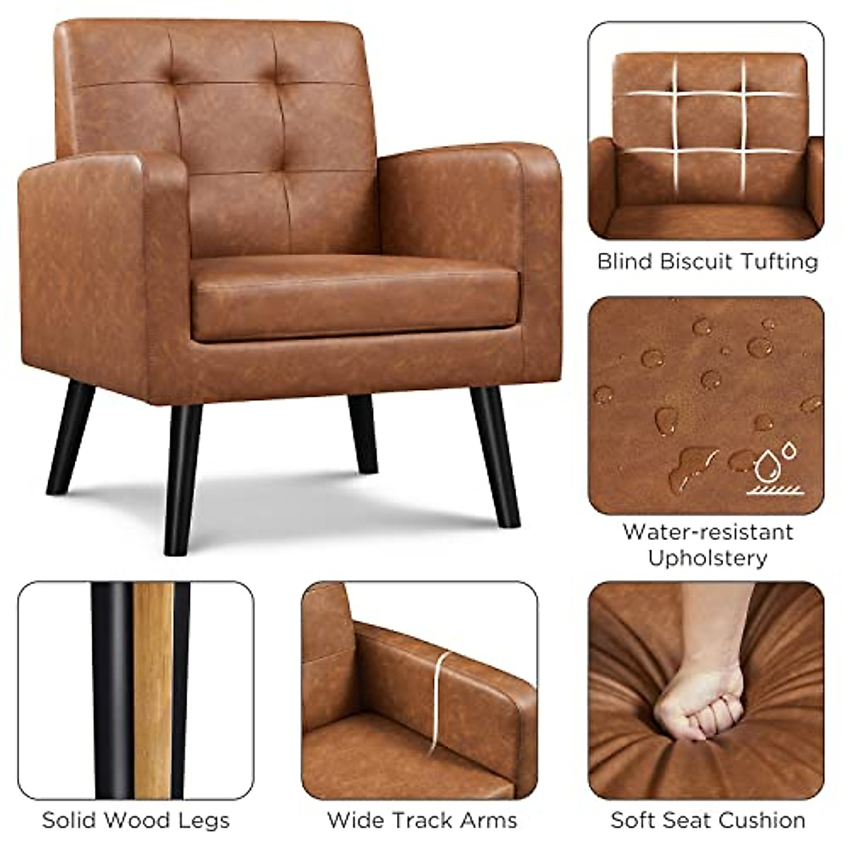 Yaheetech Mid-Century Accent Chairs, PU Leather Modern Upholstered Living Room Chair, Cozy Armchair Button Tufted Back and Wood Legs for Bedroom/Office/Cafe, Retro Brown 2 PCS