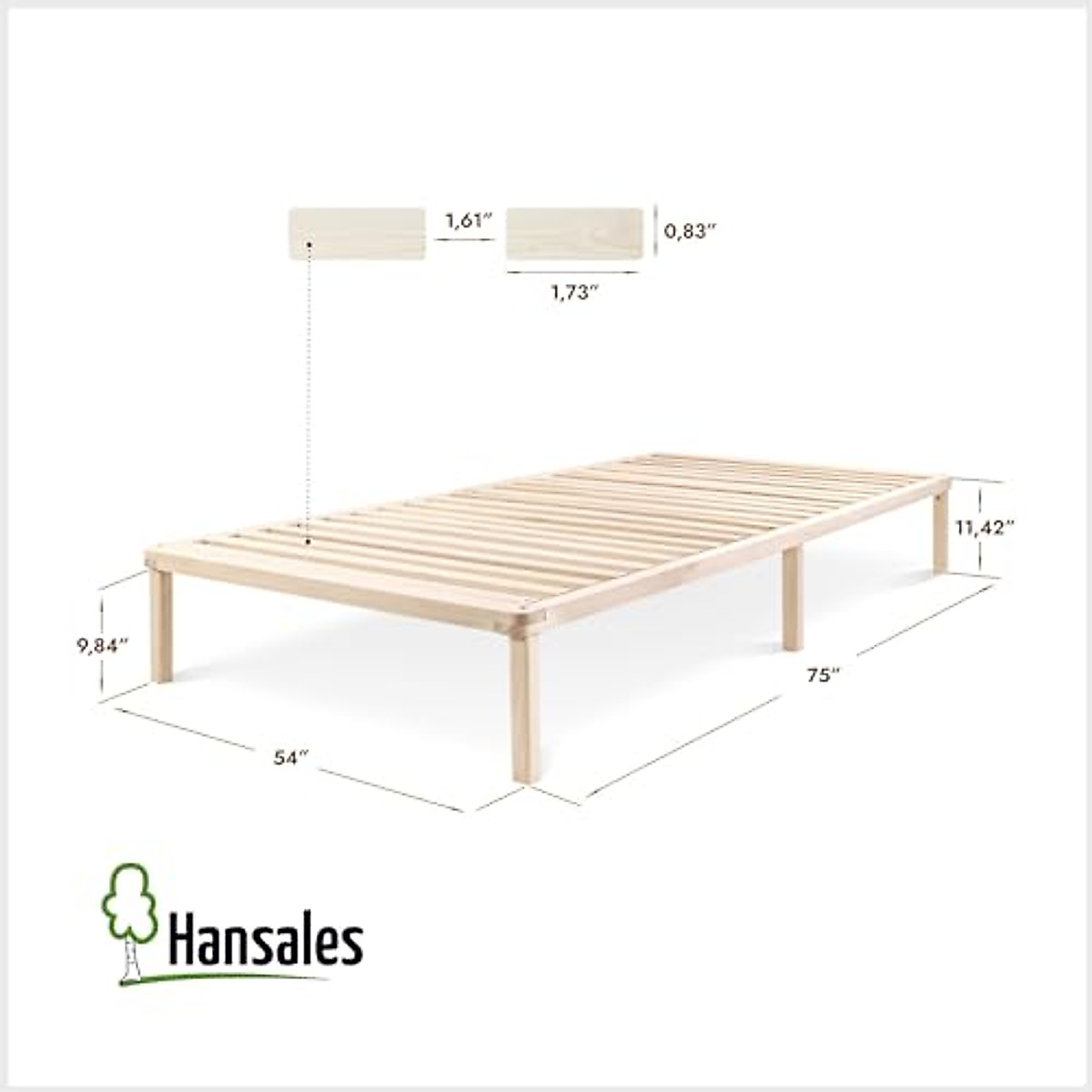 Hansales Bed Frame Lisette Full Size 54″ with Bed Slats - Light Wooden Platform Withstands up to 550 lbs - from Natural Solid Birch Hardwood FSC - Made in Europe - Japanese Style - Without Headboard