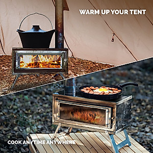 Fastfold Hot Tent Stove with Reinforced Body, Hot Tent Wood Stove with Secondary Combustion, Packable Camping Tent Stove with Carry Bag for Backpack, Fishing, Heating and Cooking, 94.5"Chimney