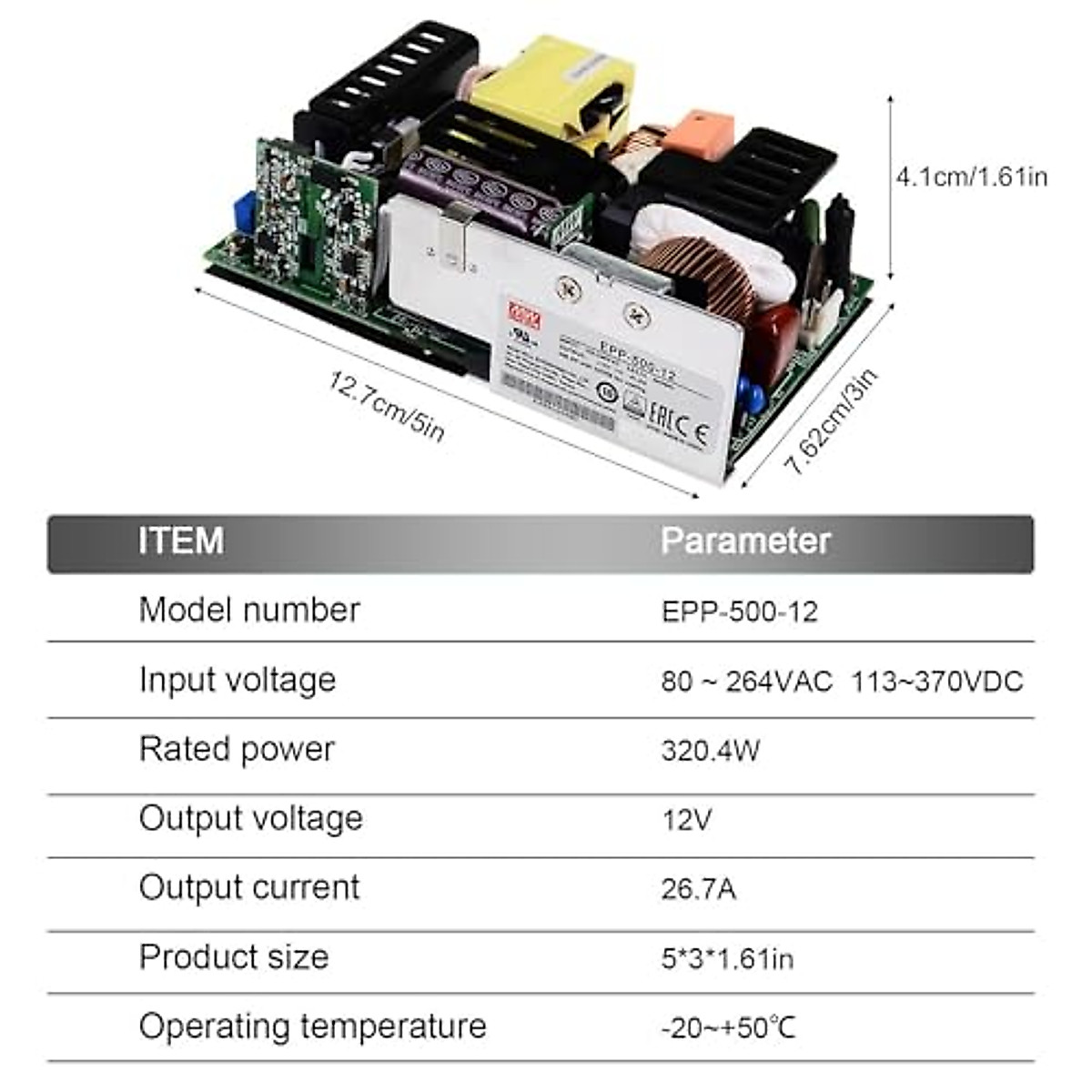TorqCali EPP-500-12 500W 12V 41.6A Open Frame PSU, 80-264VAC, PF>0.98, 5x3, Reliable Industrial Grade for DIY Electronics, Robotics, 3D Printers, Makers