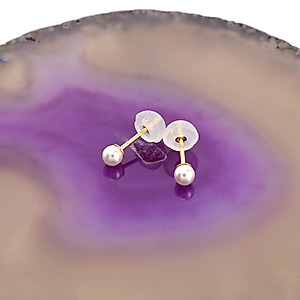 14K Solid Yellow Gold 3mm X-Small Tiny Swarovski Crystal White Pearl Stud Short Post Earrings for Girl Women