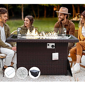 NICESOUL Wicker Outdoor Fire Pit Table Natural Gas/Propane, 43'' Rectangular Firepit Table for Outside, 55000 BTU Patio Fireplace Tables with Windguard&Glass Rocks&Cover, Modern CSA Firepits, Brown