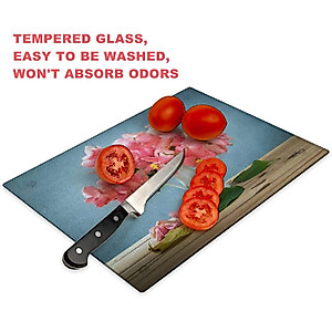 Tempered Glass Cutting Board Still life with pink flowers on wooden table over grunge background Tableware Kitchen Decorative Cutting Board with Non-slip Legs, Serving Board, Large Size, 15" x 11"
