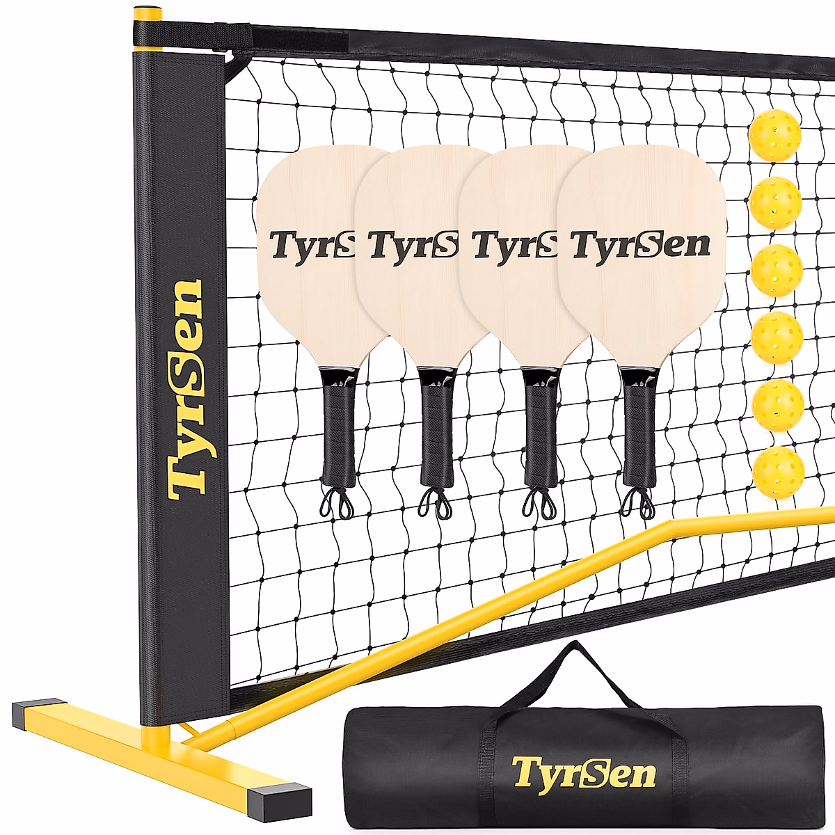 TYRSEN Pickleball Set with Net, 22FT USAPA Regular Size Portable Pickleball Net System for Driveway Backyard, 4 Paddles & 6 Balls, Strong PE Net and Steady Steel Frames for Indoor Outdoor