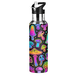 Oarencol Colorful Mushrooms Water Bottle Rainbow Star Stainless Steel Vacuum Insulated with Straw Lid 20 Oz