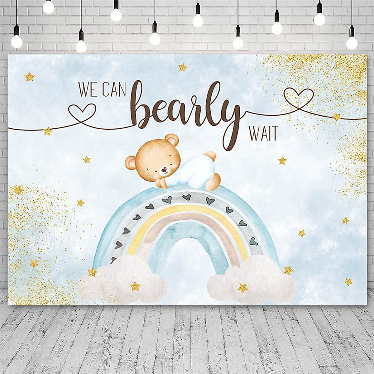 AIBIIN 7x5ft Bear Baby Shower Backdrop for Boy Rainbow Stars Clouds Gold Dots Blue Photography Background Baby Shower Party Deacorations Banner Photo Booth Studio Props