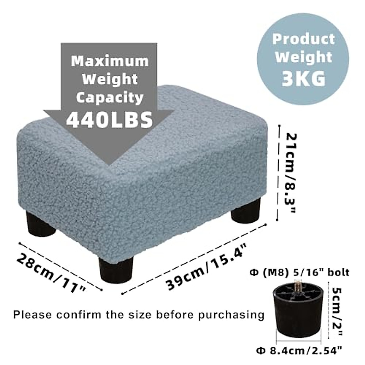 CAROLMADE Small Foot Stool Ottoman 15.4" Footstool with Legs Under Desk Footrest for Living Room Bedroom and Office, Soft Blue