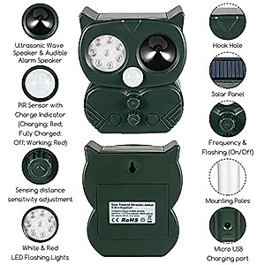 Ultrasonic Animal Repellent,Jahy2Tech Solar Animal Repeller with PIR Sensor Flashing Lights Alarm Sound for Garden,Yard,Attic-Scare Away Voles,Cats,Dogs,Mice,Rat,Rodents,Birds